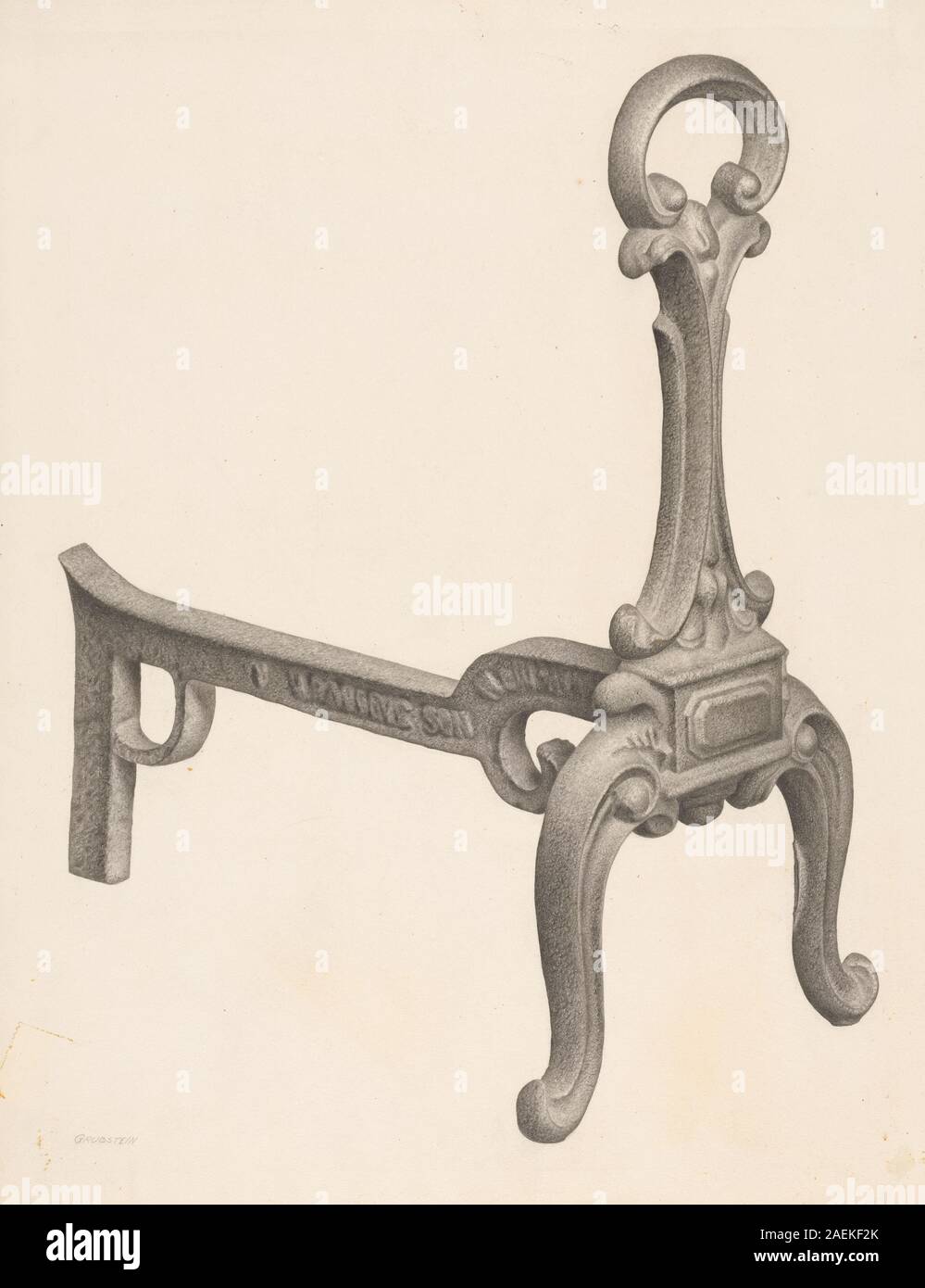 Andiron by Milton Grubstein, circa 1940, is a metal fireplace support ...