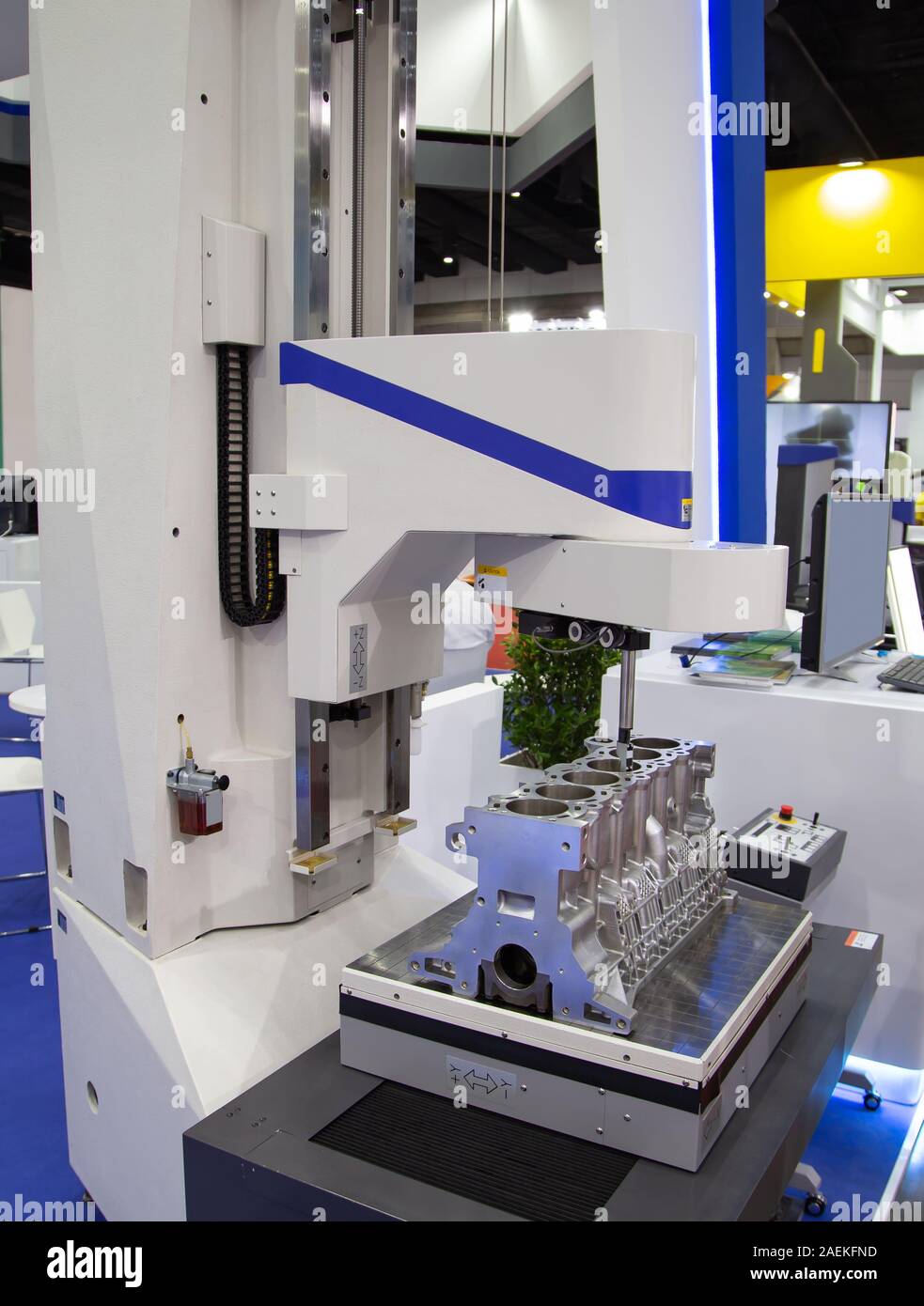 CMM Coordinate Measuring Dimension Machine inspecting engine part Stock ...