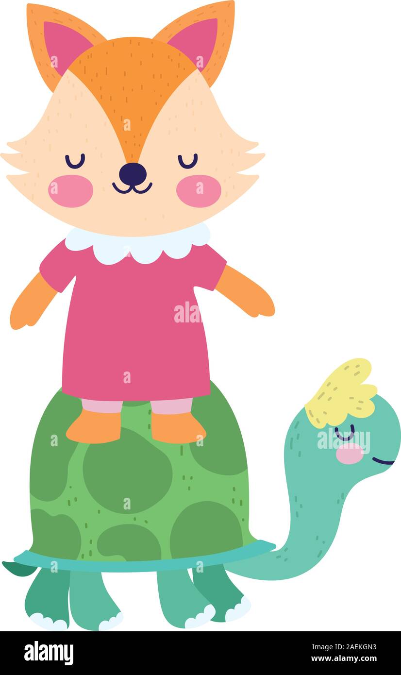 baby shower cute little turtle and fox with dress cartoon vector ...