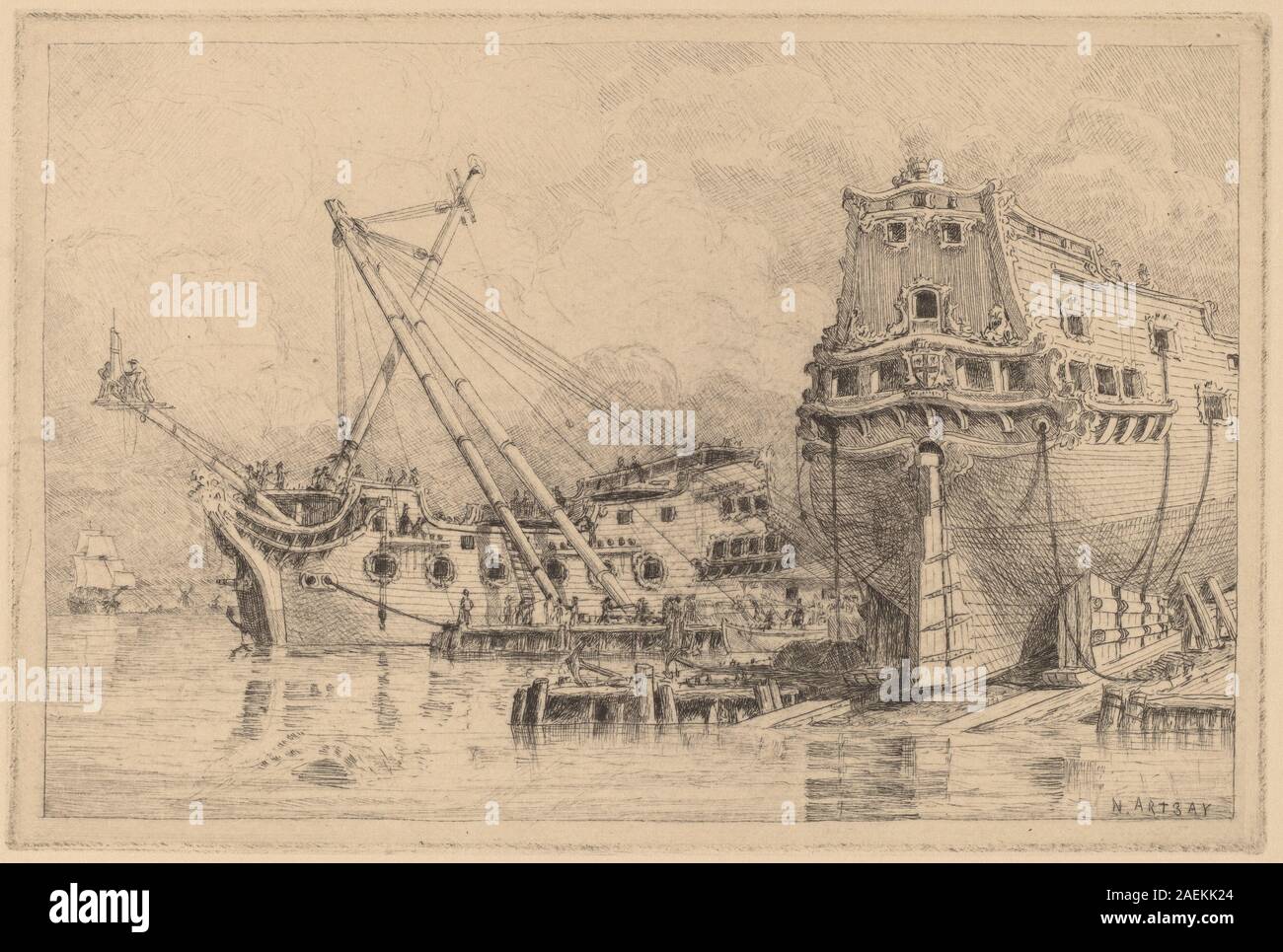 Two large ships under construction by N Artsay depict shipbuilding with ...