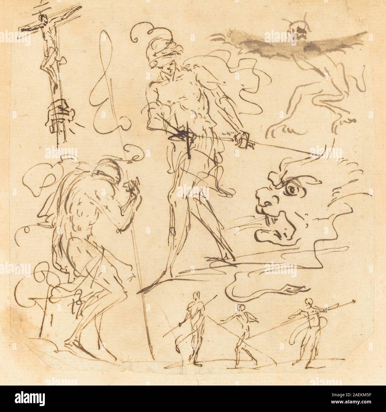 This 17th century Neapolitan sheet of studies depicts a soldier drawing ...