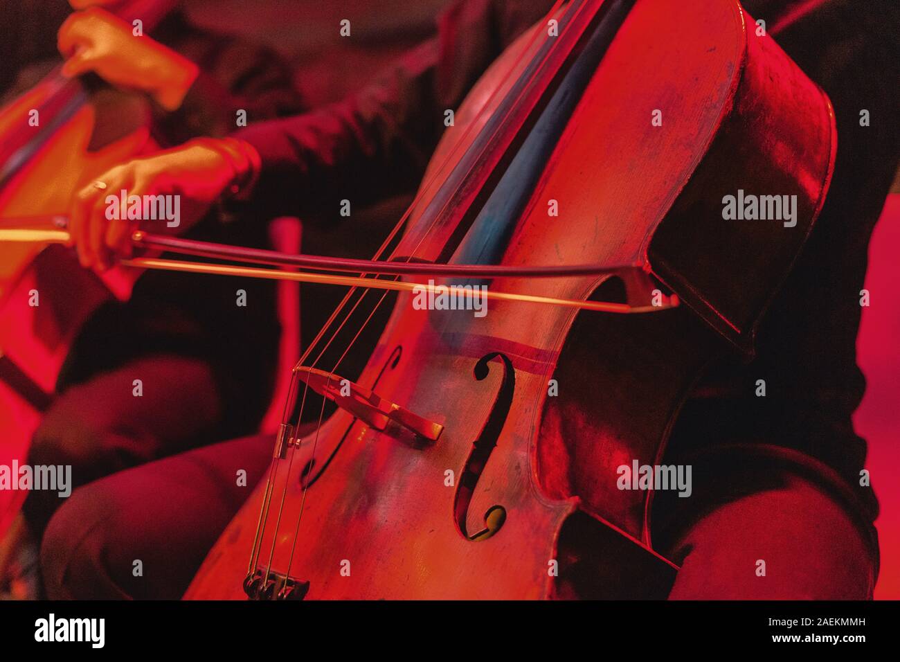 Cello concert with instrument close up. Red vibrant background at rock ...