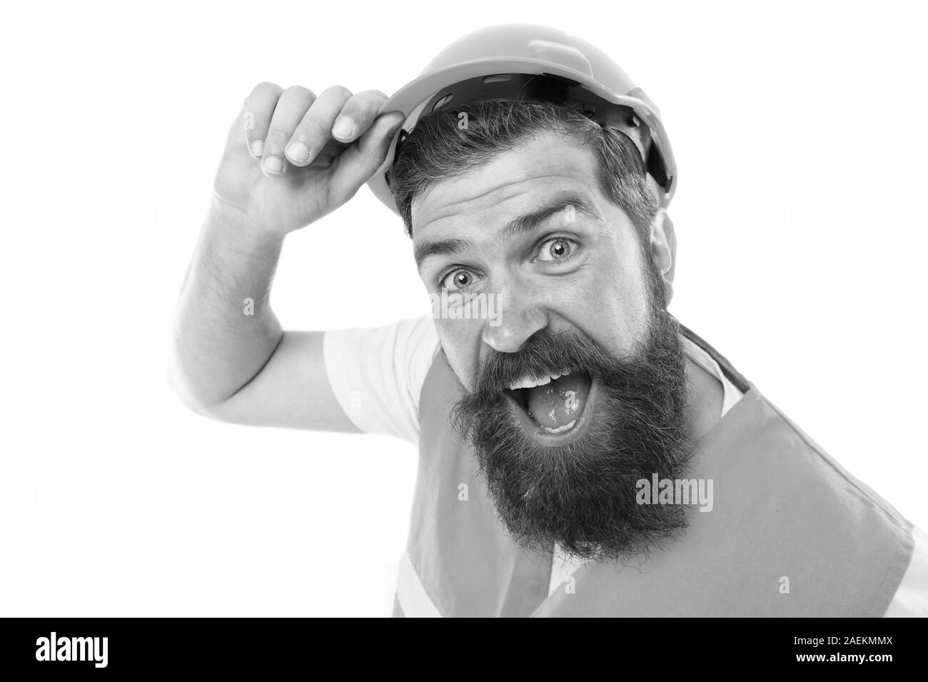 After long working day. Construction industry. Bearded brutal hipster ...