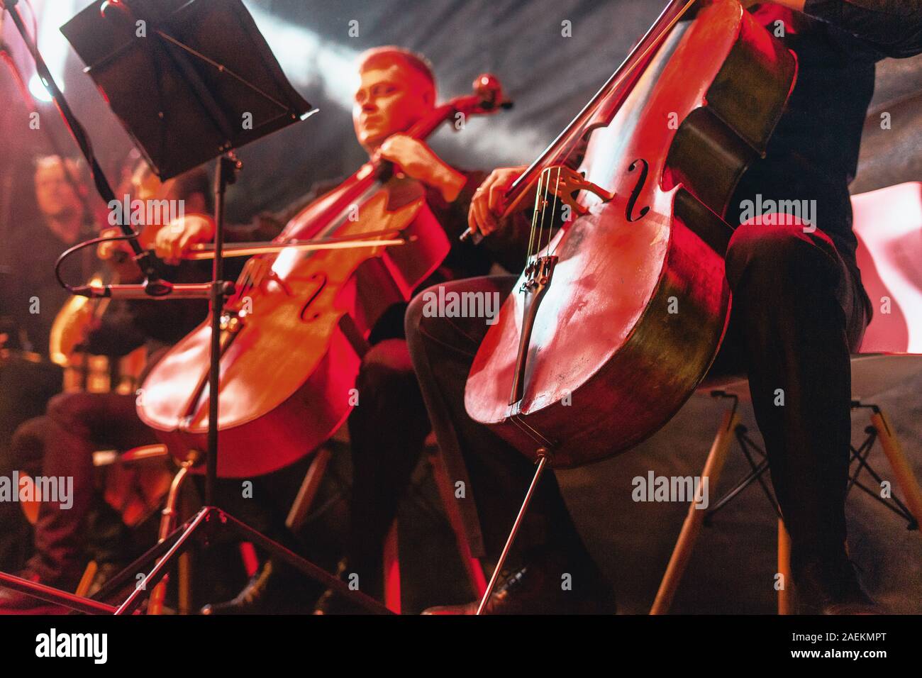 Cello concert with instrument close up. Red vibrant background at rock ...