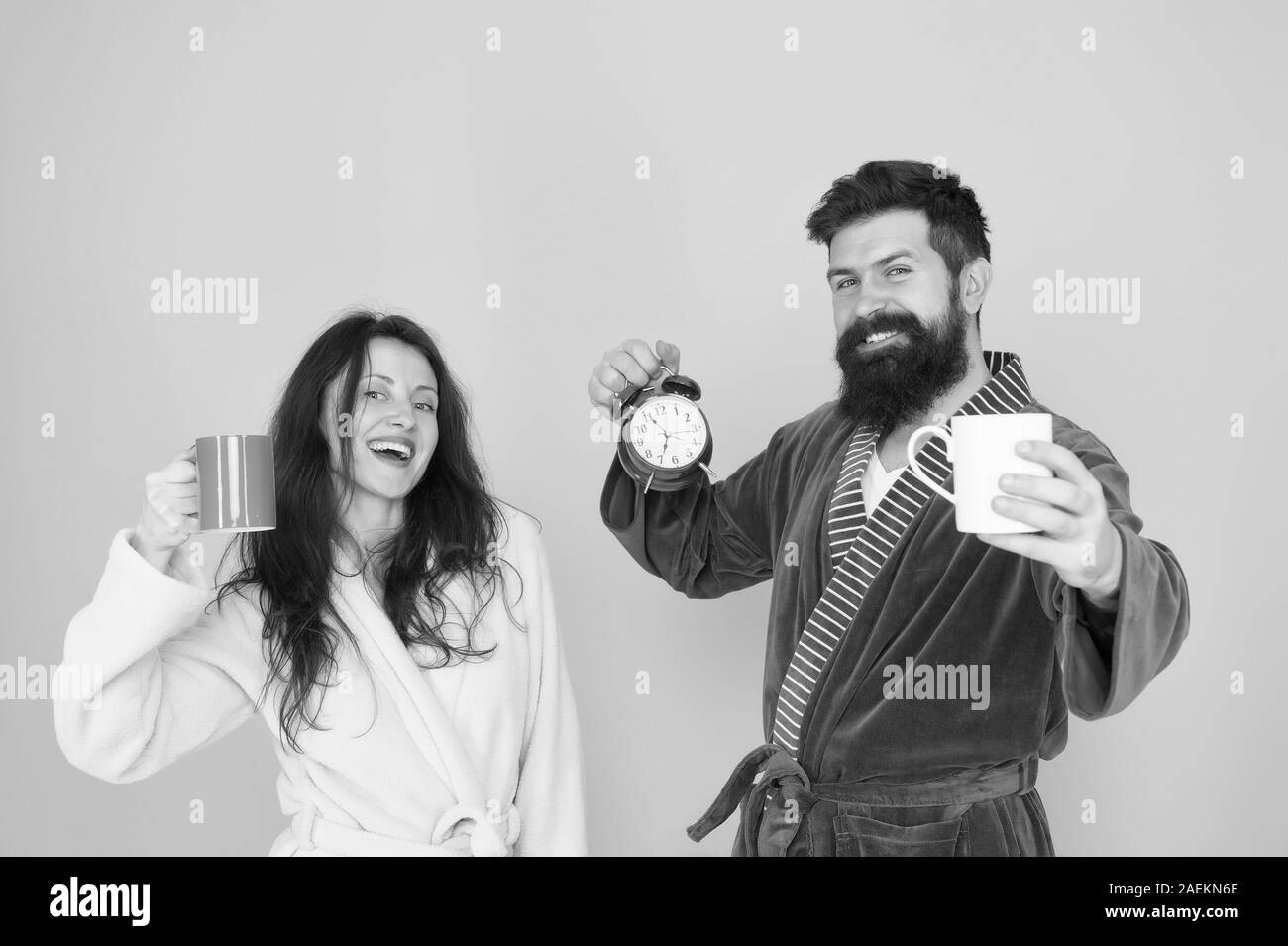 couple in love alarm clock. love relations. Caffeine power concept. tea ...