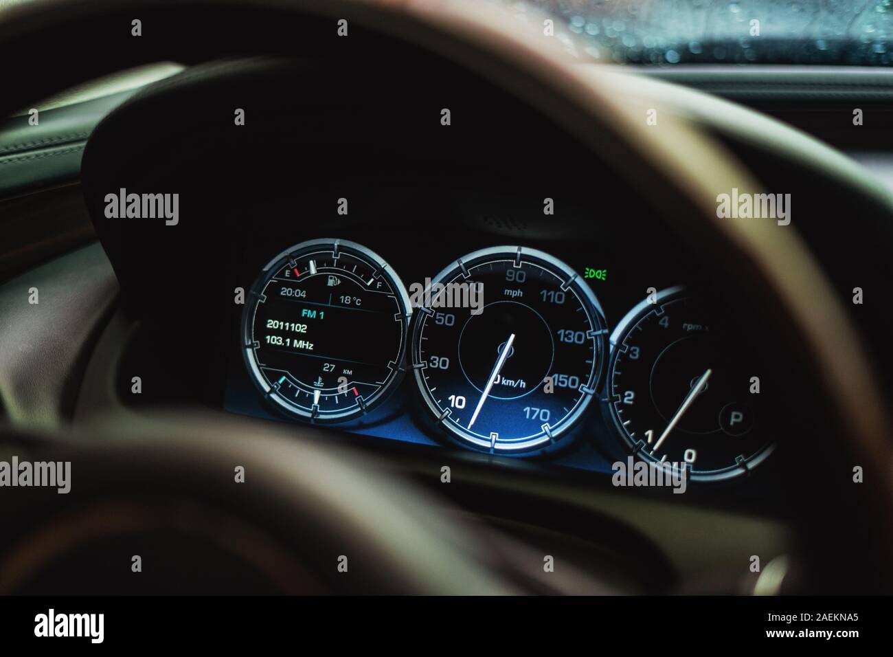 Modern car dashboard with speedometer, rpm meter and indicators Stock ...