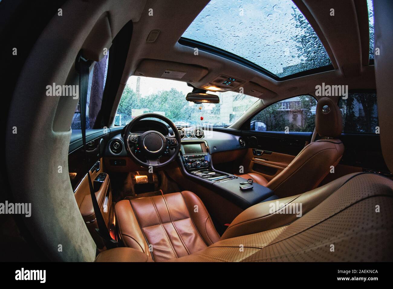 Modern car luxury interior with leather seats and modern electronics ...