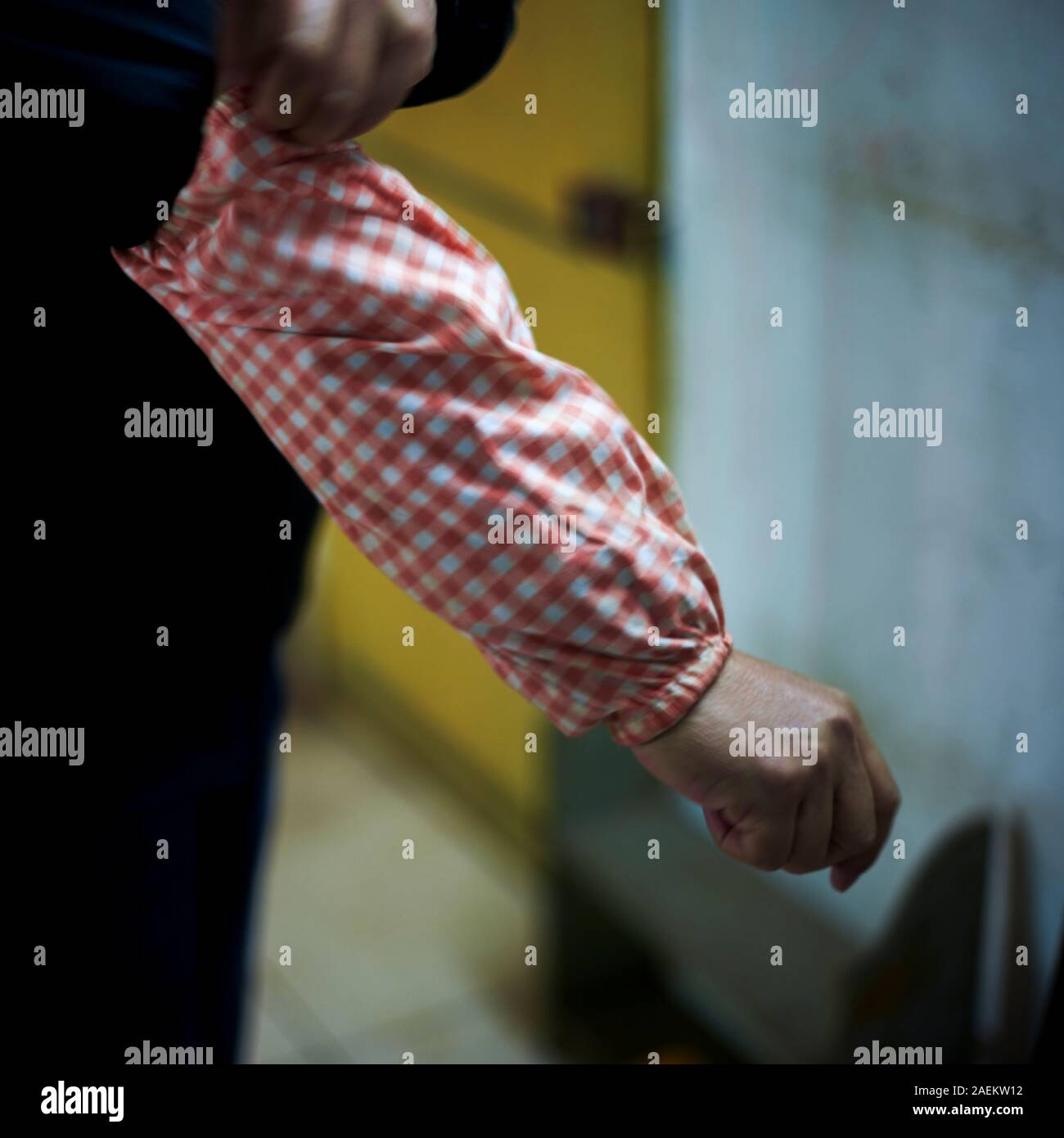 A decoration worker who is wearing a sleeve and preparing for ...