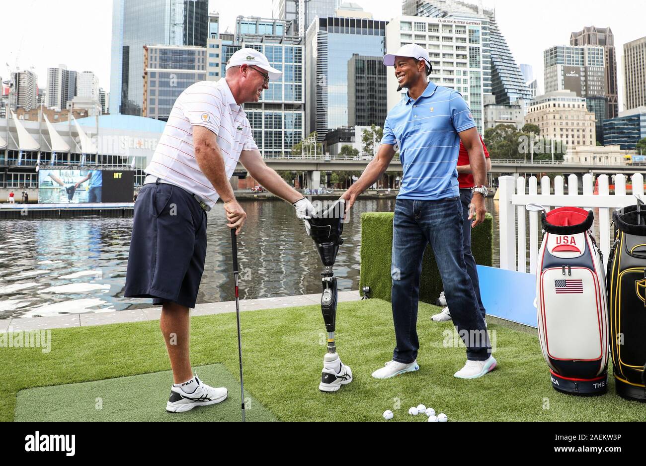 Beijing, Australia. 9th Dec, 2019. Tiger Woods passes the artificial ...
