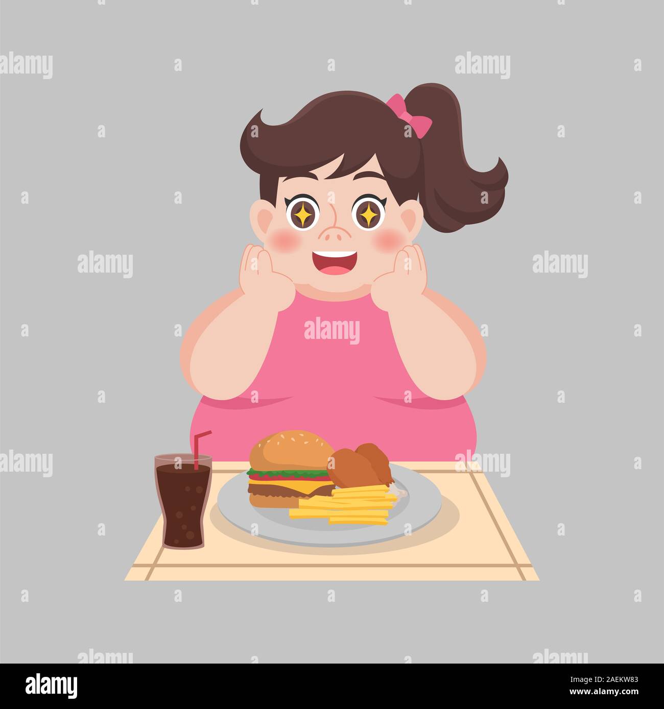 Big Fat Happy woman enjoy eat fast food, junk food, chicken drumstick ...