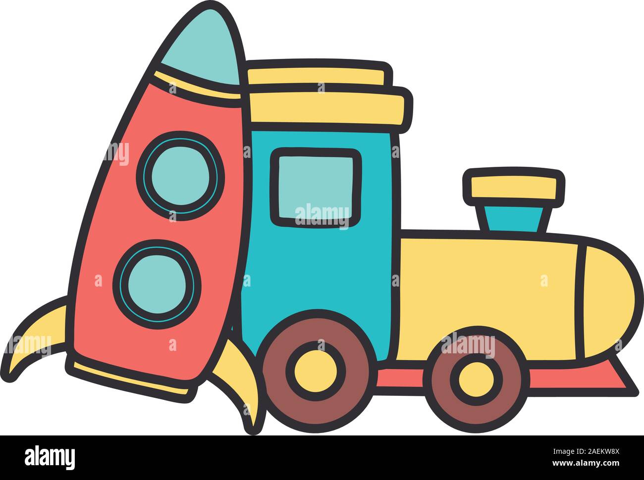 kids toy, train wagon and plastic rocket toys on white background ...