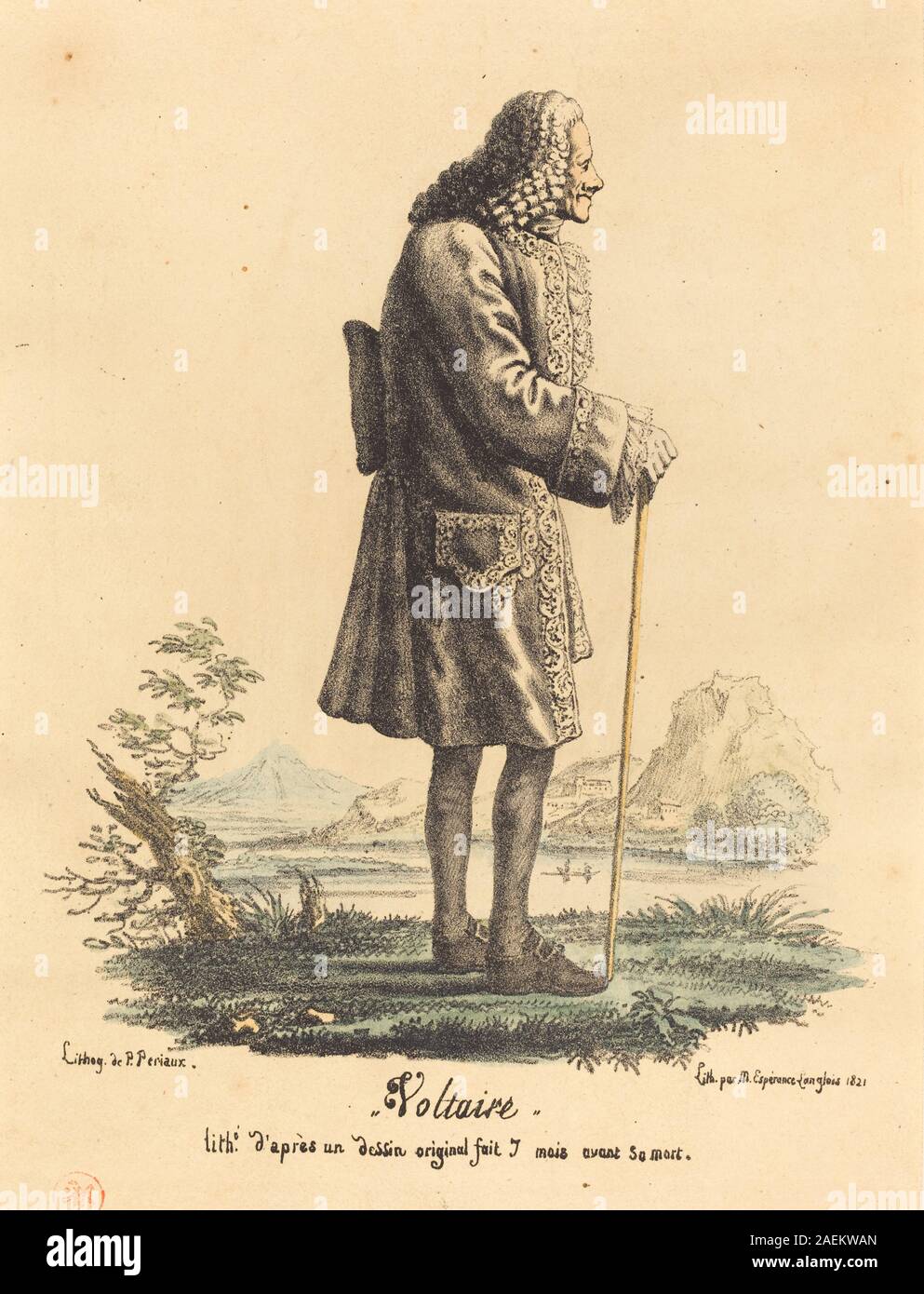 Portrait of Voltaire by P. Periaux, 1821, depicts the French ...
