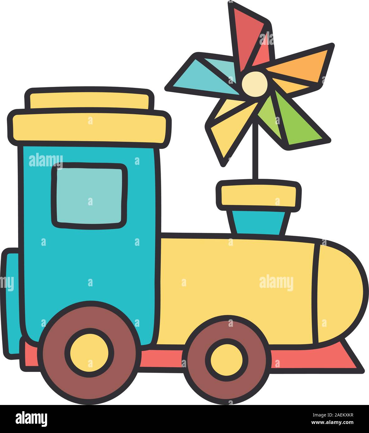 kids toy, plastic train and pinwheel with stick toys on white ...