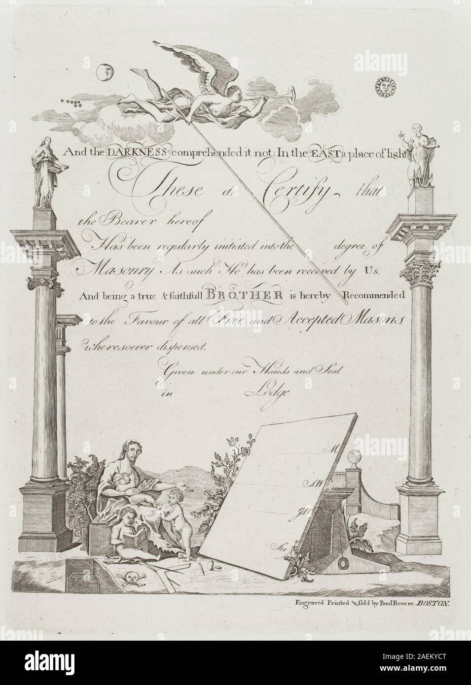 A Masonic certificate engraved by Paul Revere in 1773, printed on wove ...