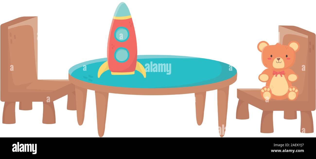 kids toy, teddy bear rocket table and chairs toys on white background ...