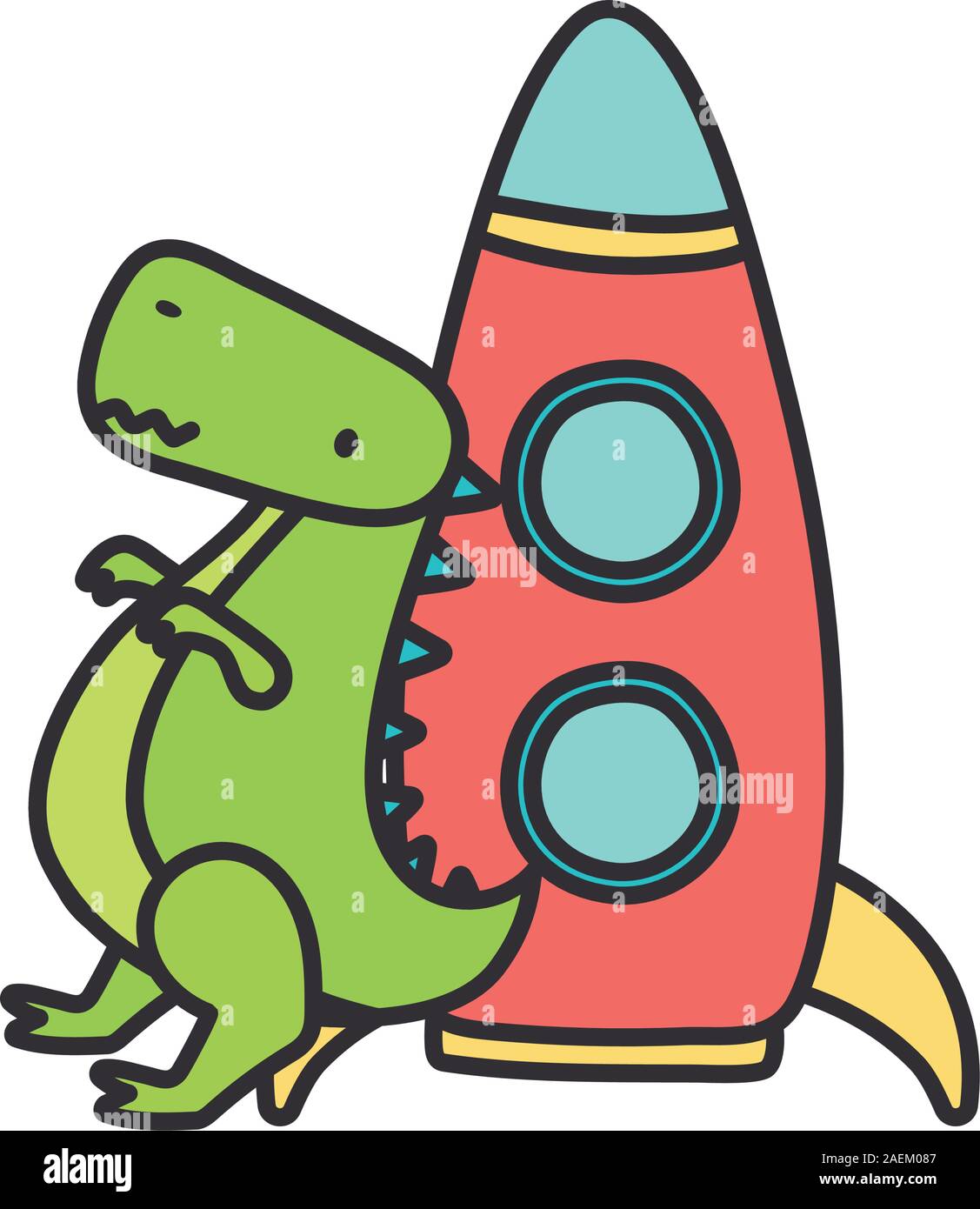 kids toy, plastic rocket and green dinosaur toys on white background ...