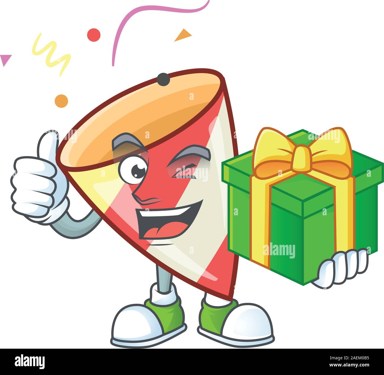 cartoon character of happy exploding confetti with gift box Stock ...