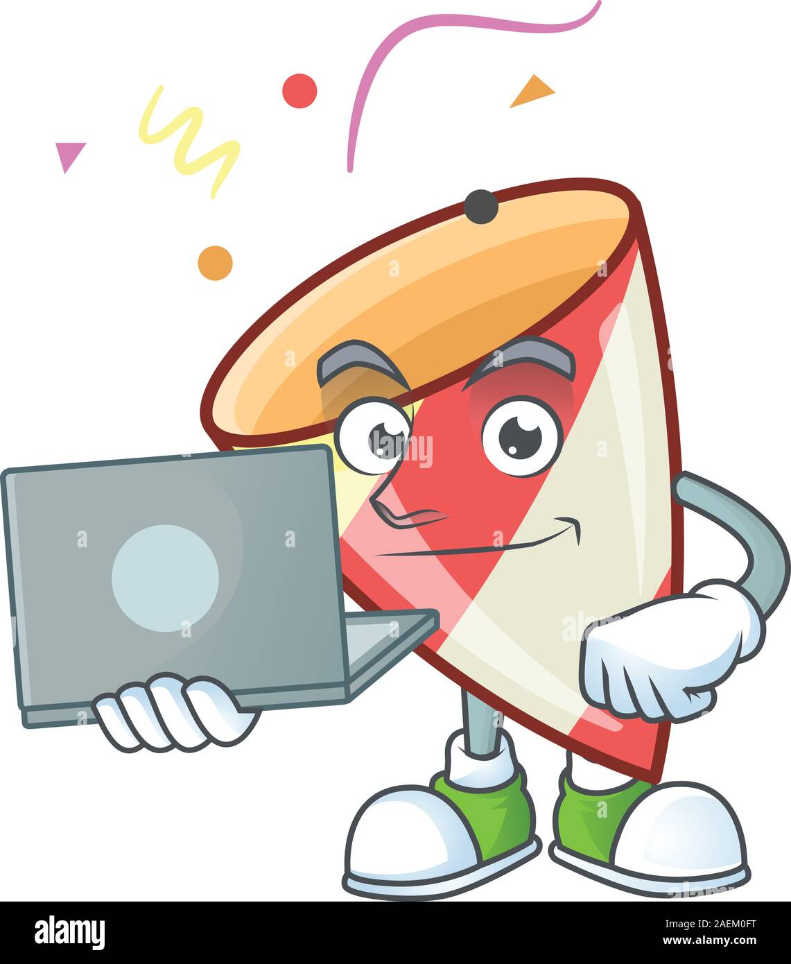 Happy smiling exploding confetti cartoon character working with laptop ...