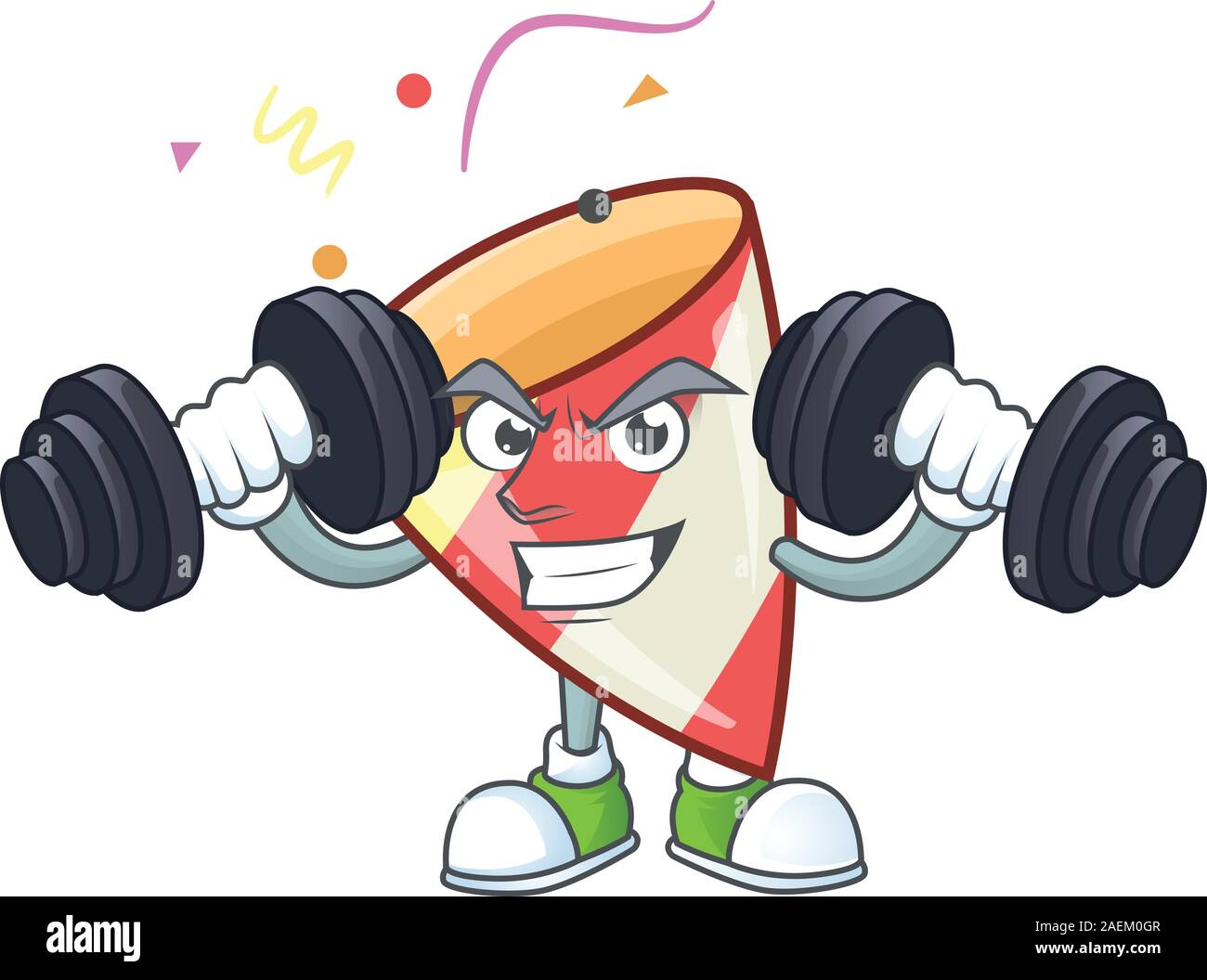 Fitness exercise exploding confetti cartoon character holding barbells ...