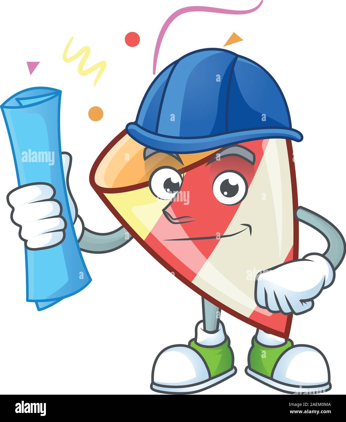 Cheerful Architect exploding confetti cartoon style holding blue prints ...