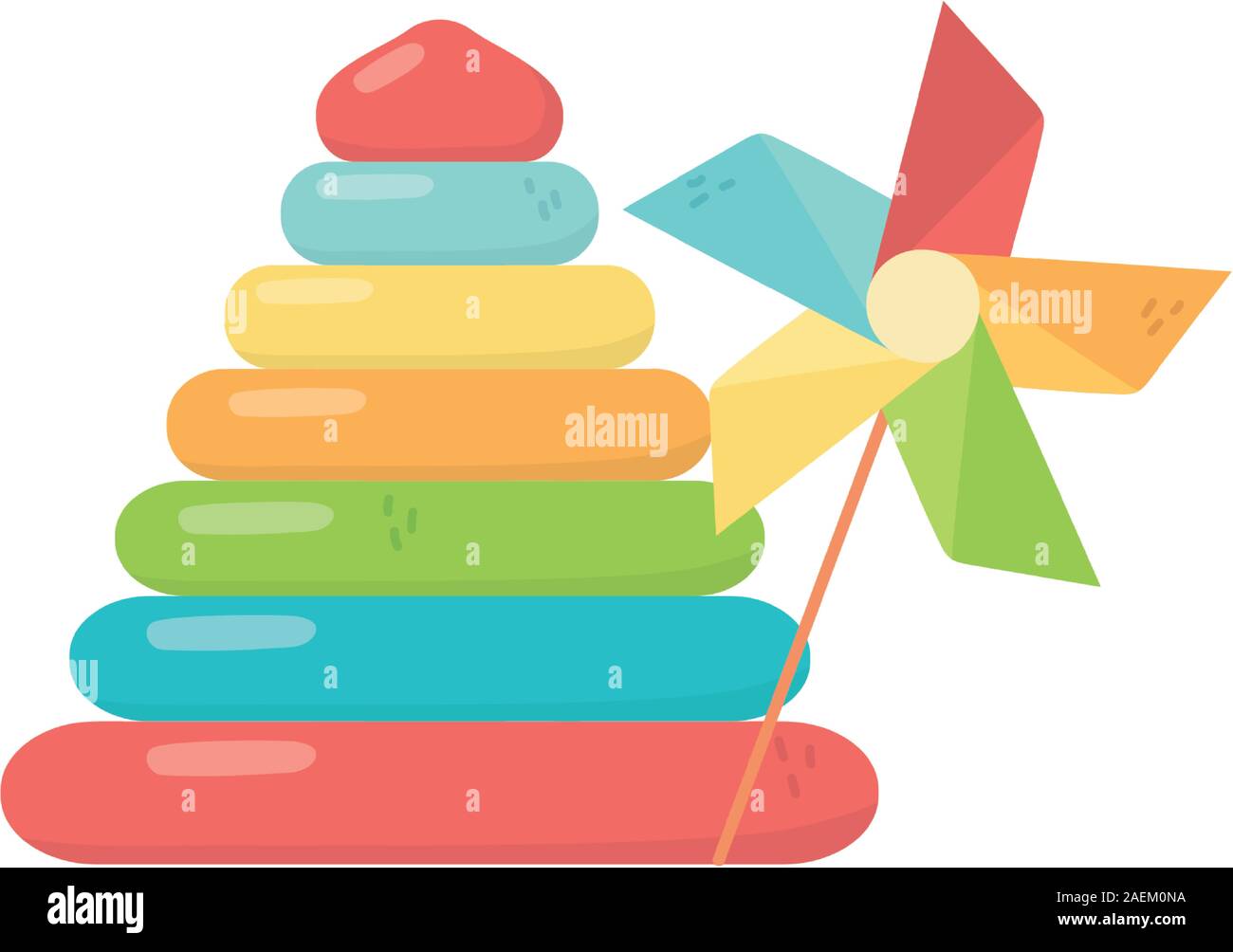 kids toy, rubber pyramid and pinwheel toys on white background vector ...