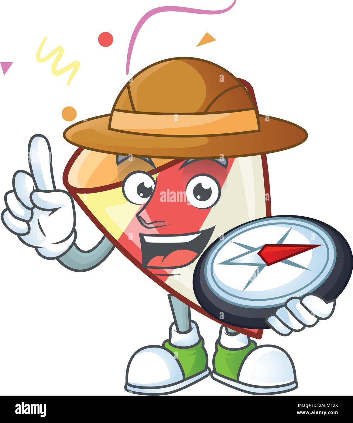 Explorer exploding confetti cartoon character holding a compass Stock ...