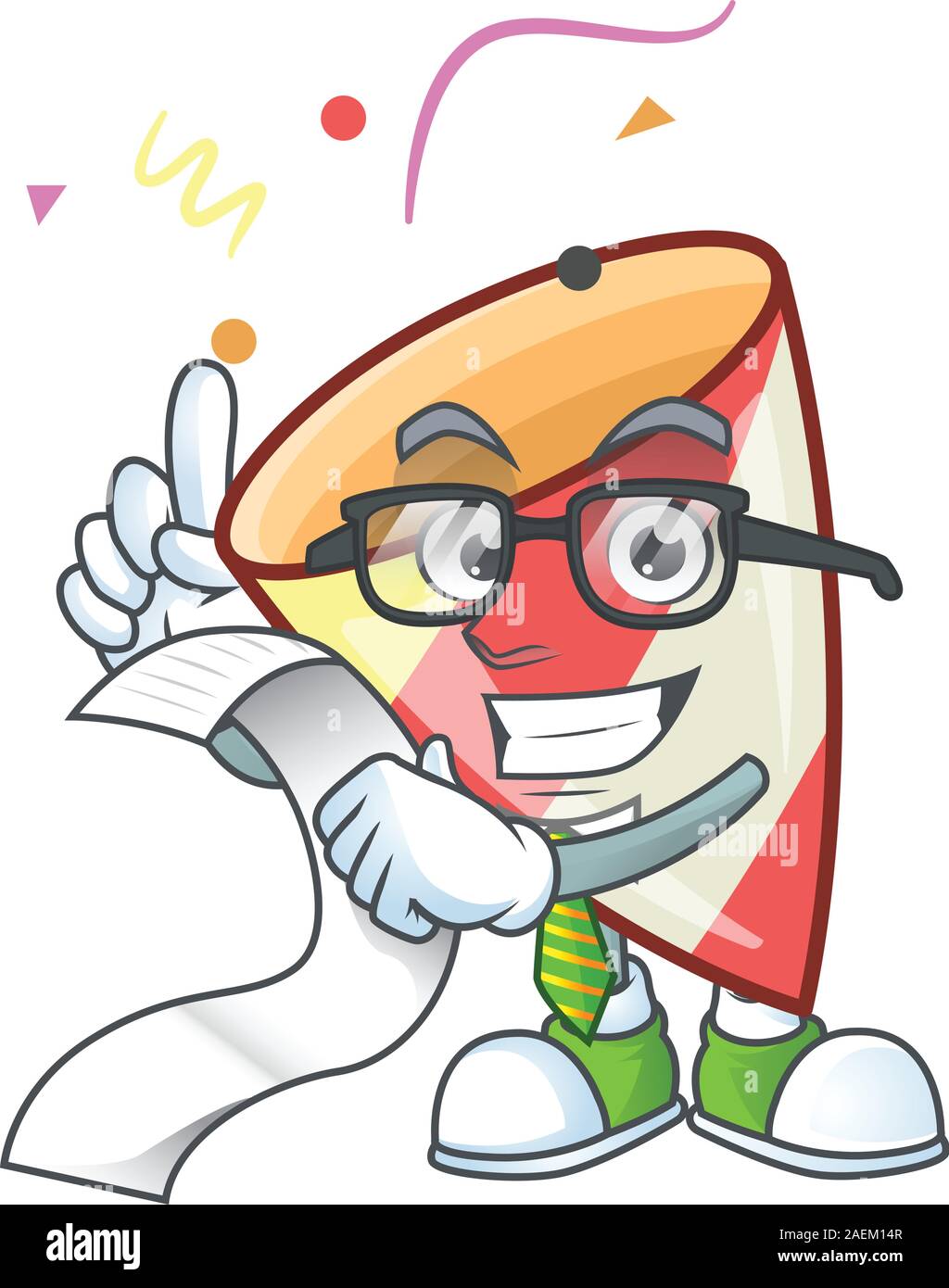 Cute exploding confetti cartoon character with menu ready to serve ...