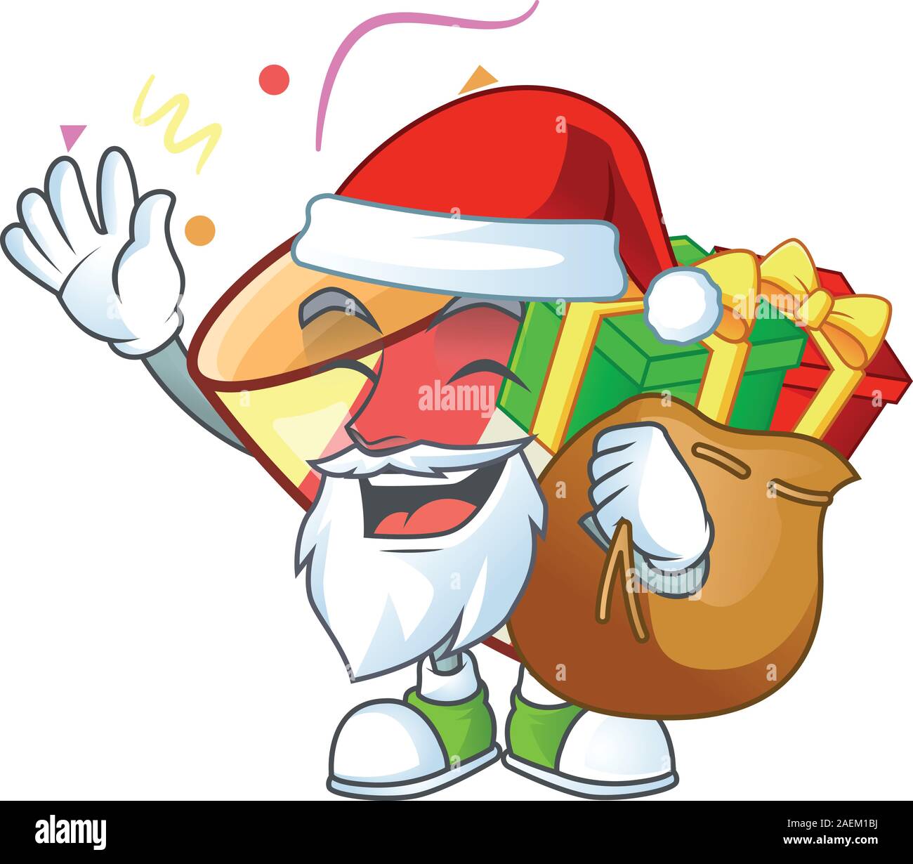 Santa with gift bag exploding confetti Cartoon character design Stock ...