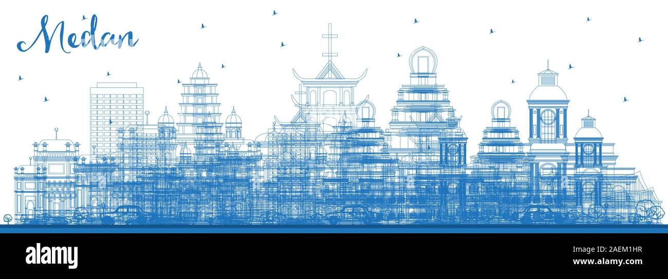 Outline Medan Indonesia City Skyline with Blue Buildings. Vector ...