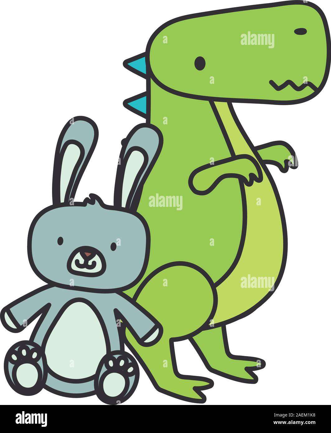 kids toy, green dinosaur and cute rabbit toys on white background ...