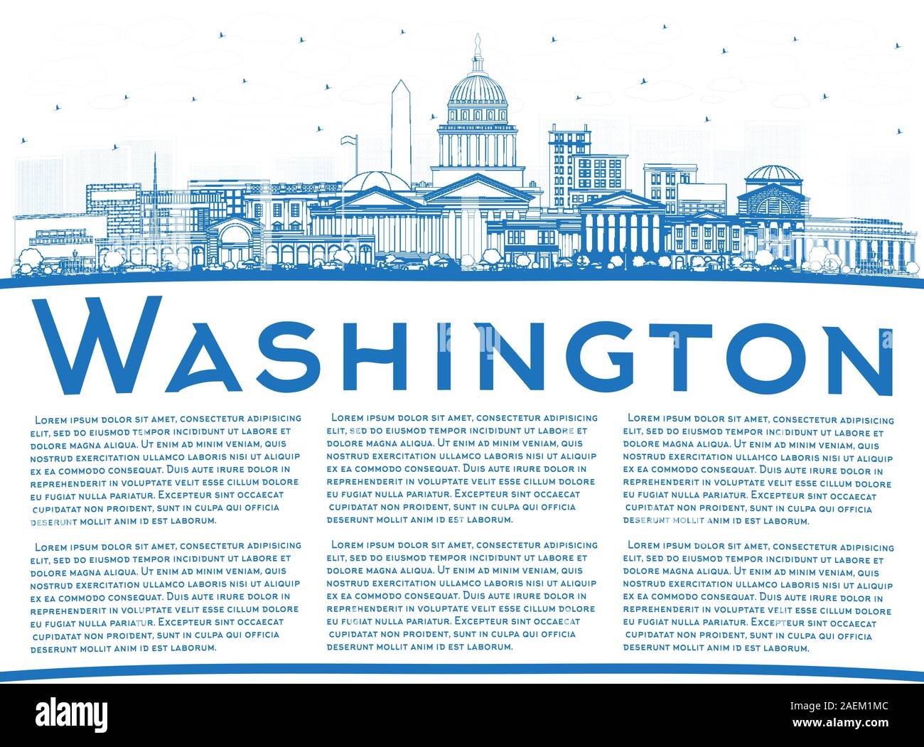 Outline Washington DC USA City Skyline with Blue Buildings and Copy ...
