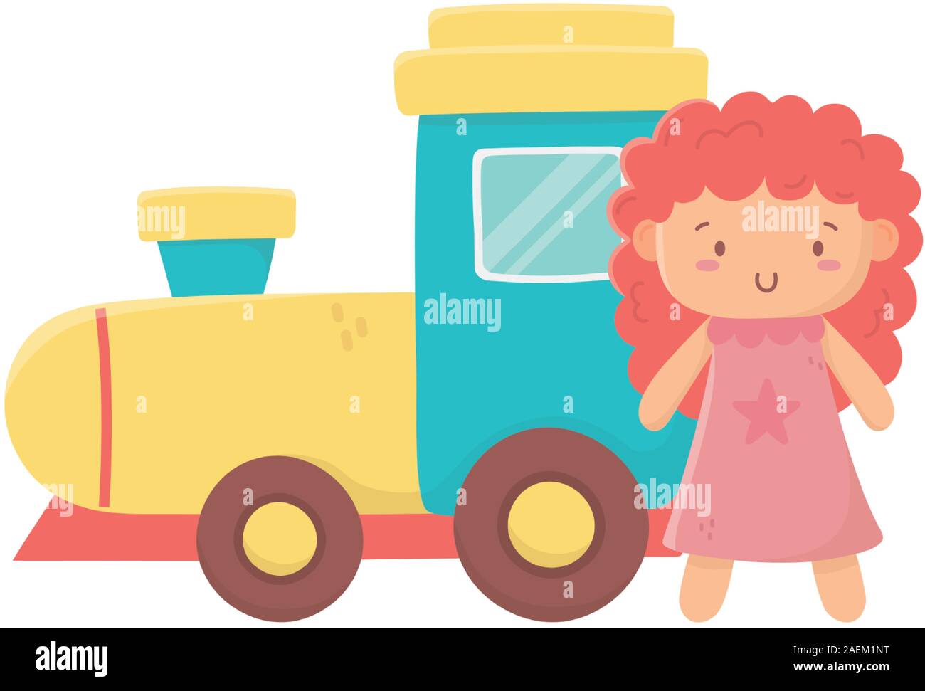 kids toy, rubber train and little doll toys on white background vector ...