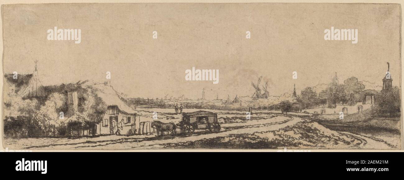 Painting depicting a landscape with a horse-drawn coach, created by ...