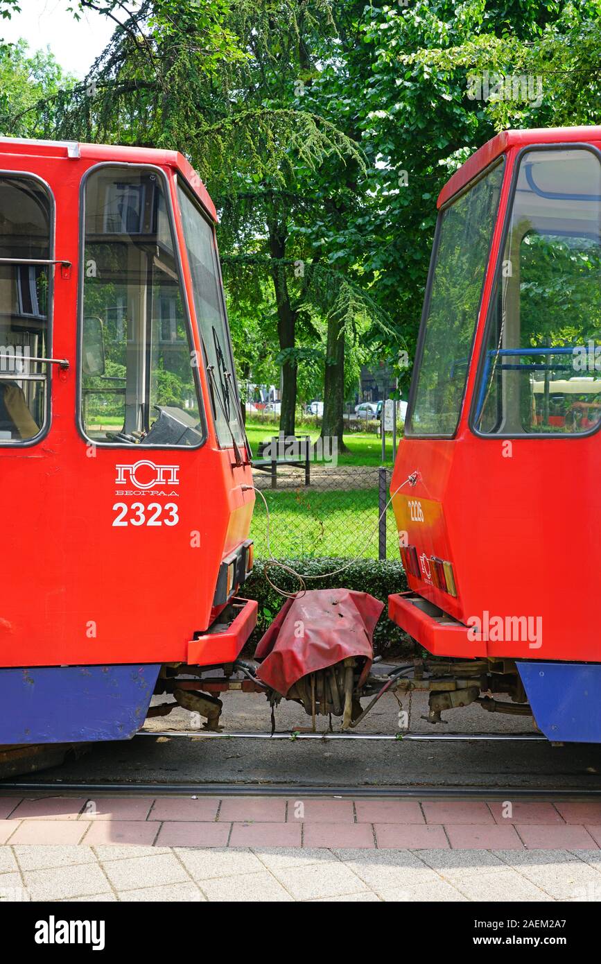 BELGRADE, SERBIA -18 JUN 2019- View of a street tram in Belgrade ...