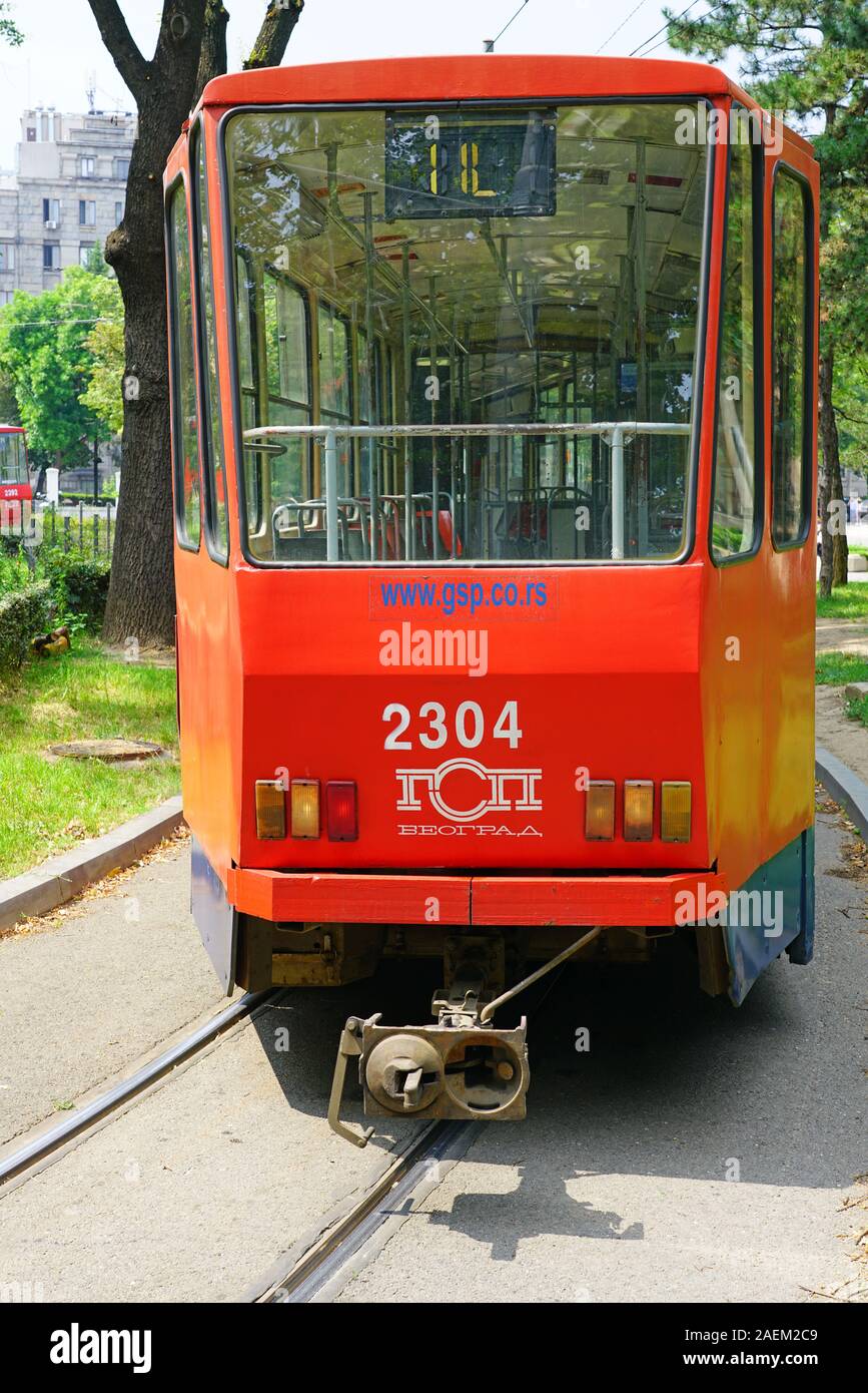 BELGRADE, SERBIA -18 JUN 2019- View of a street tram in Belgrade ...