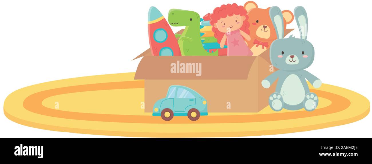 kids toy, filled box with toys in carpet on white background vector ...