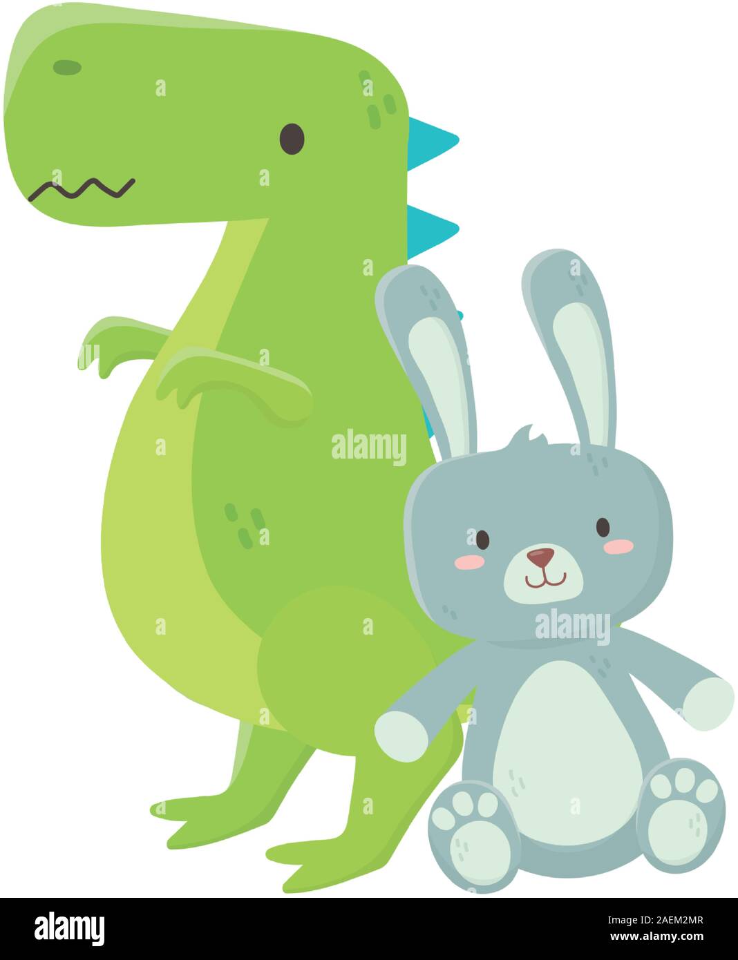 kids toy, green dinosaur and cute rabbit toys on white background ...
