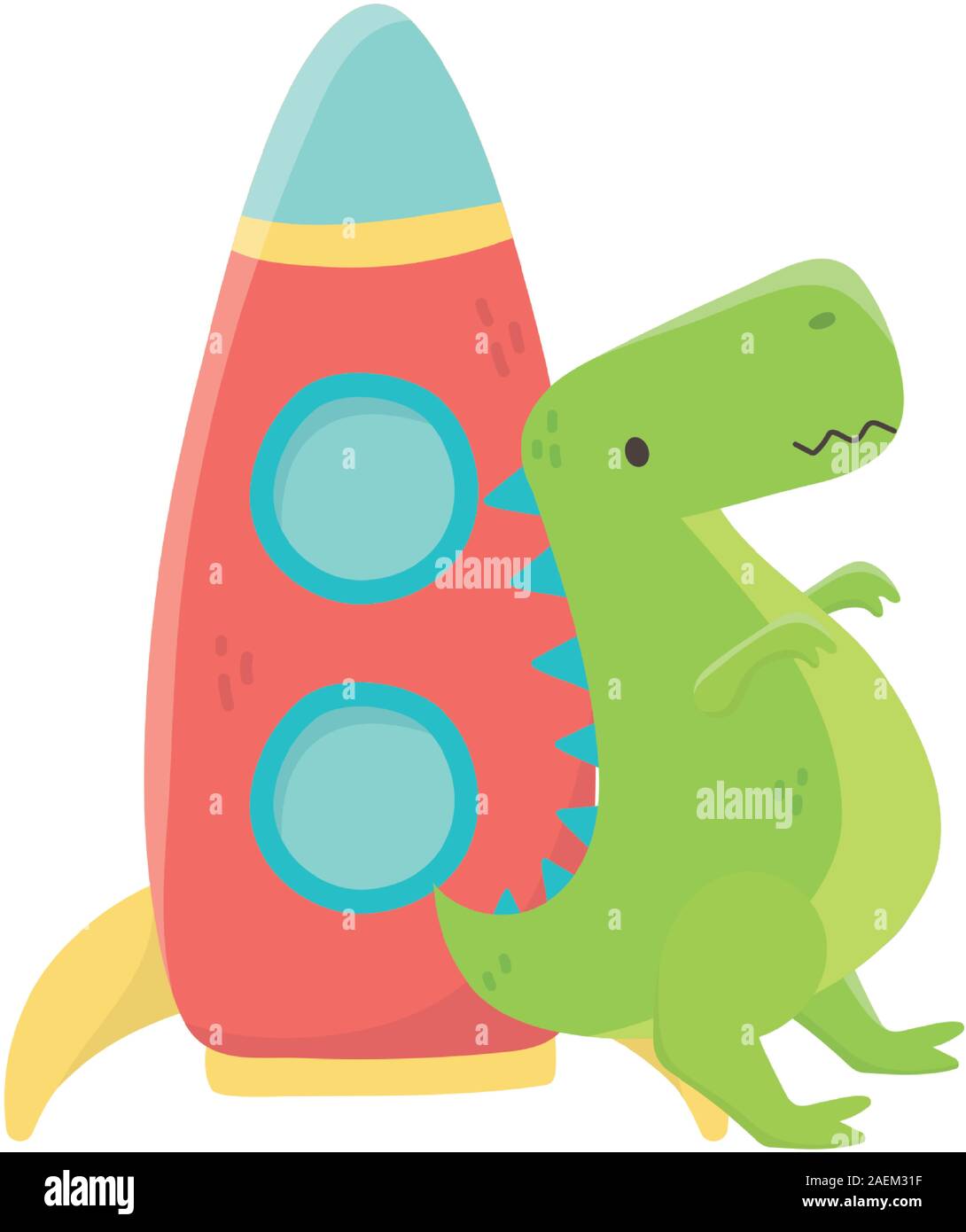 kids toy, plastic rocket and green dinosaur toys on white background ...