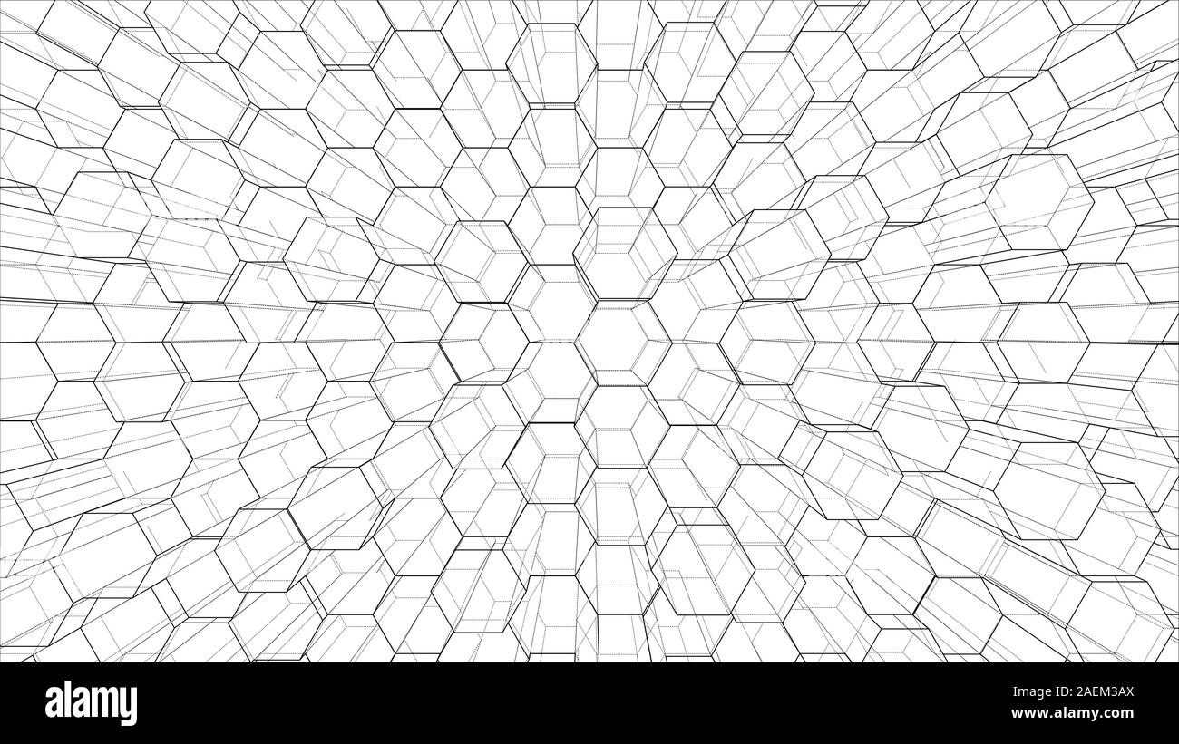 Abstract background of hexagons outline. Vector rendering of 3d. Wire-frame style. The layers of ...