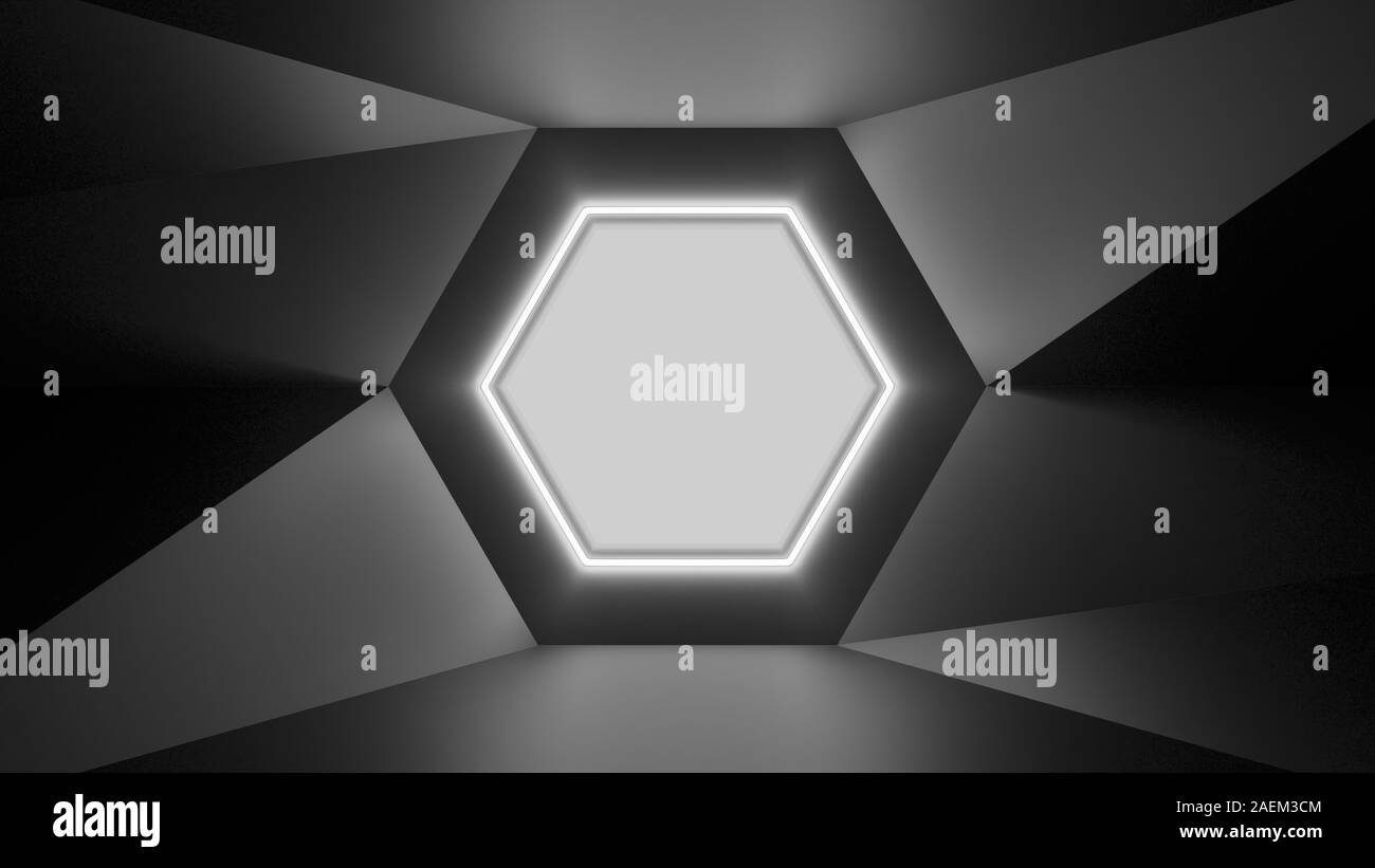 Abstract geometry lit by a neon white hexagonal lamp. Soft shadows. 3D ...