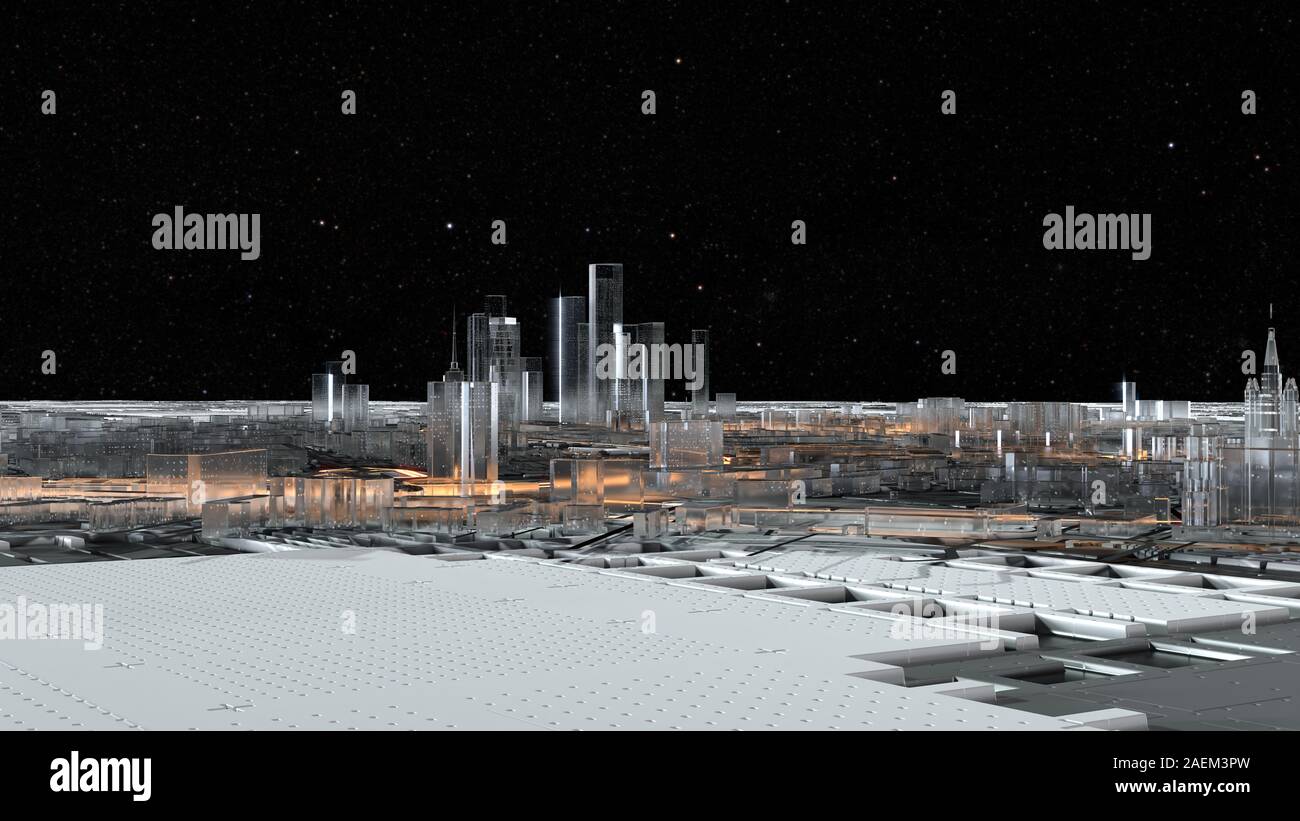 Abstract 3D city of glass with luminous roads on the surface imitating ...