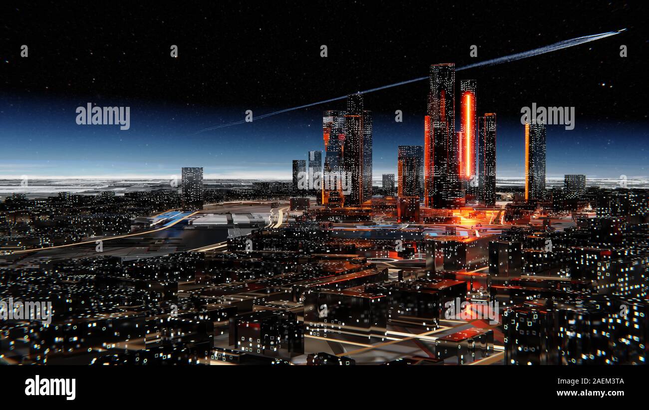 Futuristic glass city with luminous windows. Luminous roads and bright ...