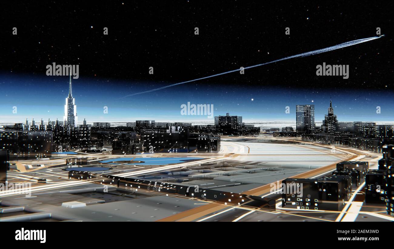 Futuristic glass city with luminous windows. Luminous roads and bright ...