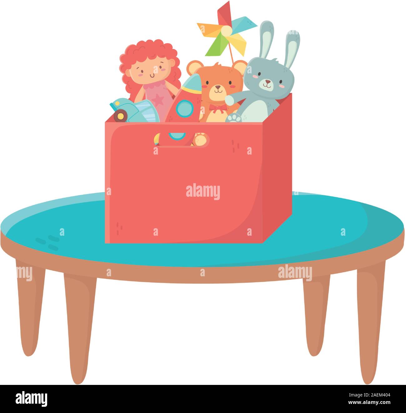kids zone, table with box filled doll rabbit bear pinwheel rocket toys ...