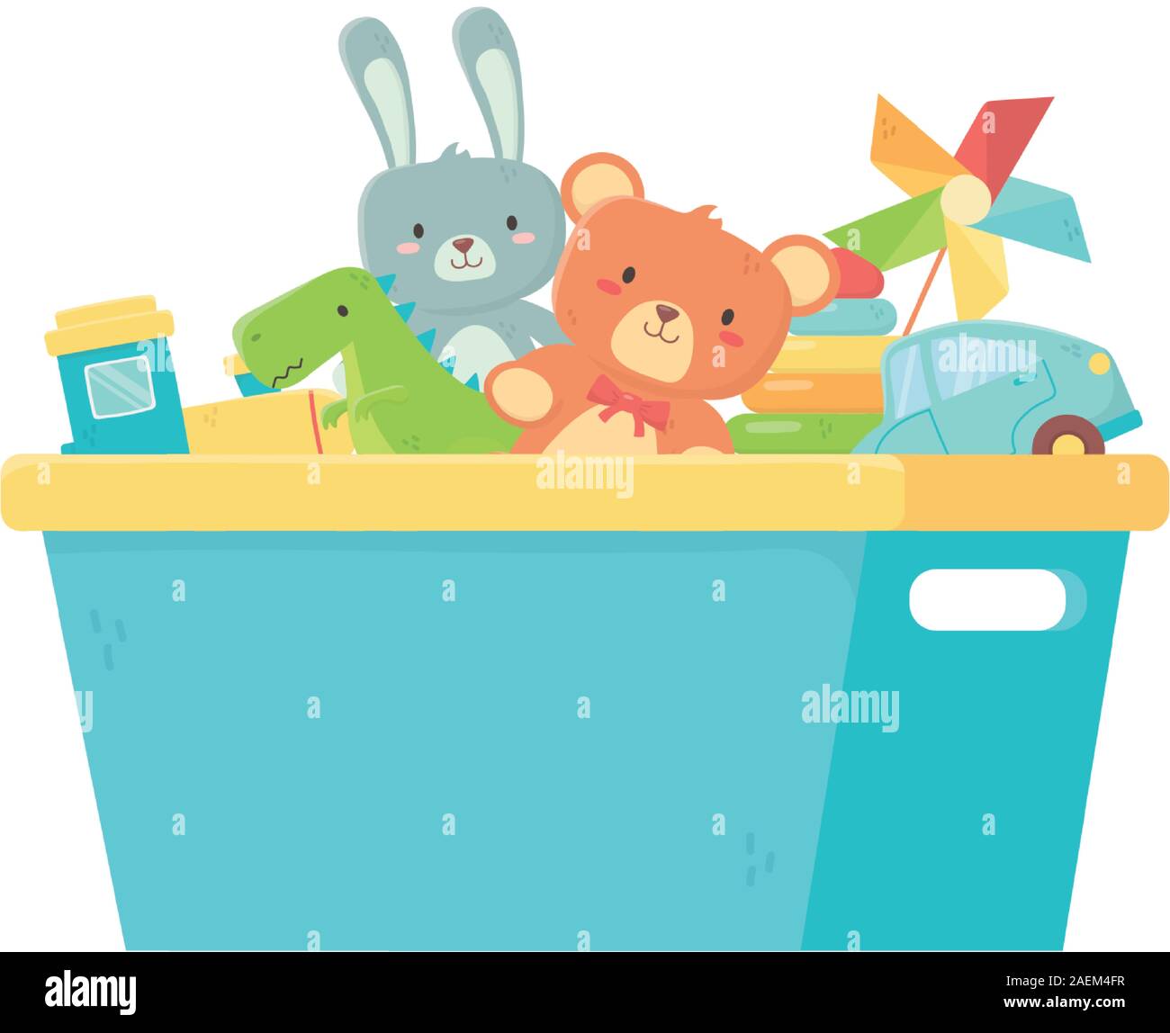 kids toy, filled bucket plastic with toys storage on white background ...