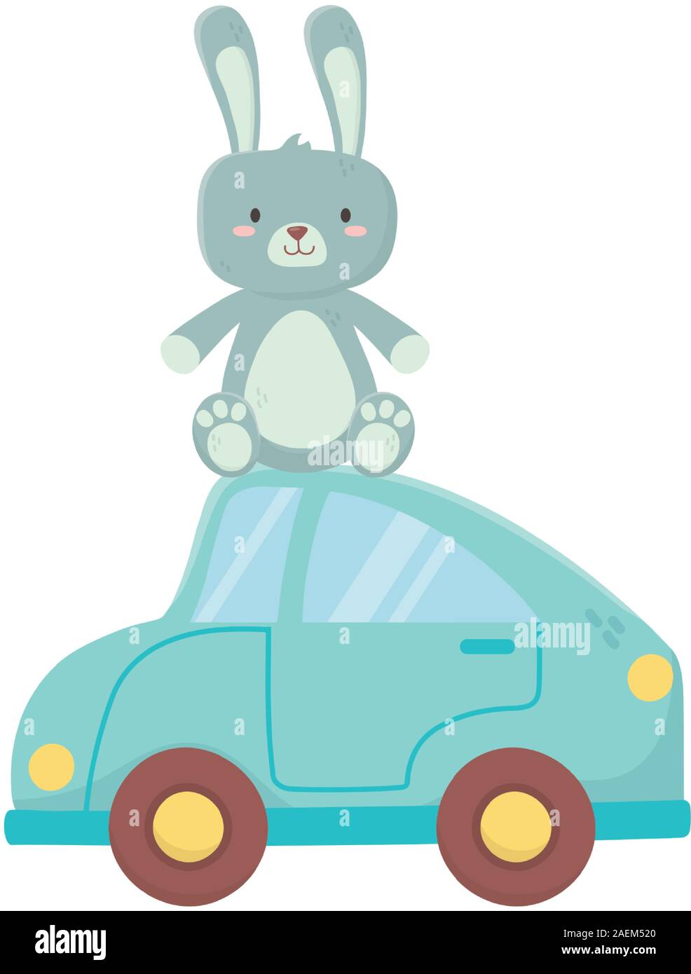 kids toy, rabbit furry and blue car toys on white background vector ...