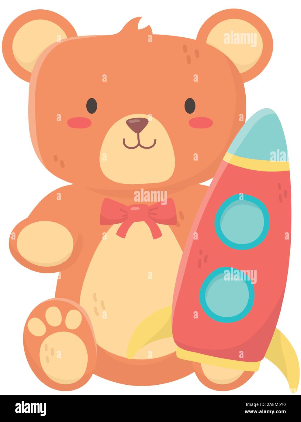 kids toy, teddy bear and plastic rocket toys on white background vector ...