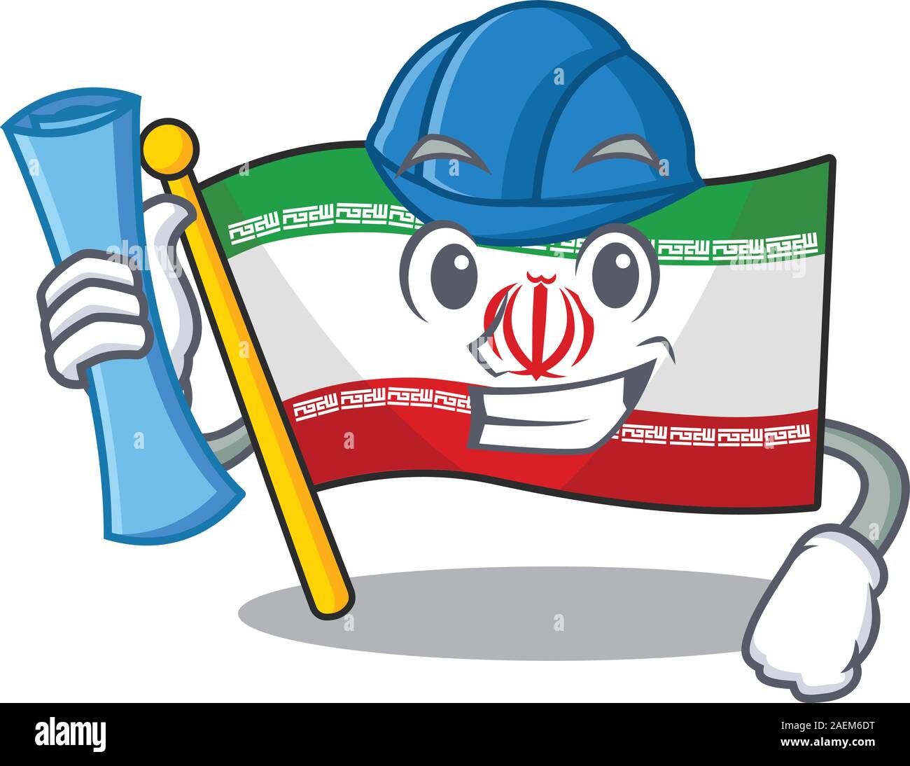 Cheerful Architect flag iran cartoon style holding blue prints Stock ...