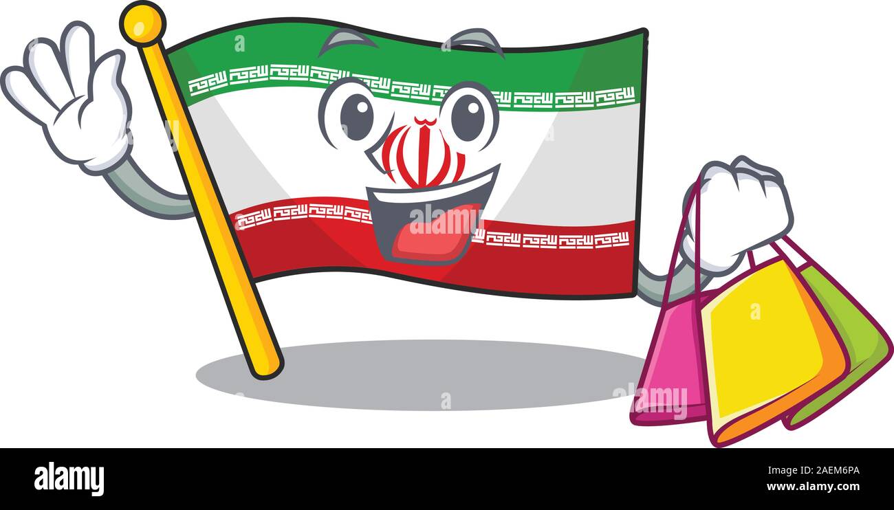 Cheerful flag iran cartoon character waving and holding Shopping bag ...