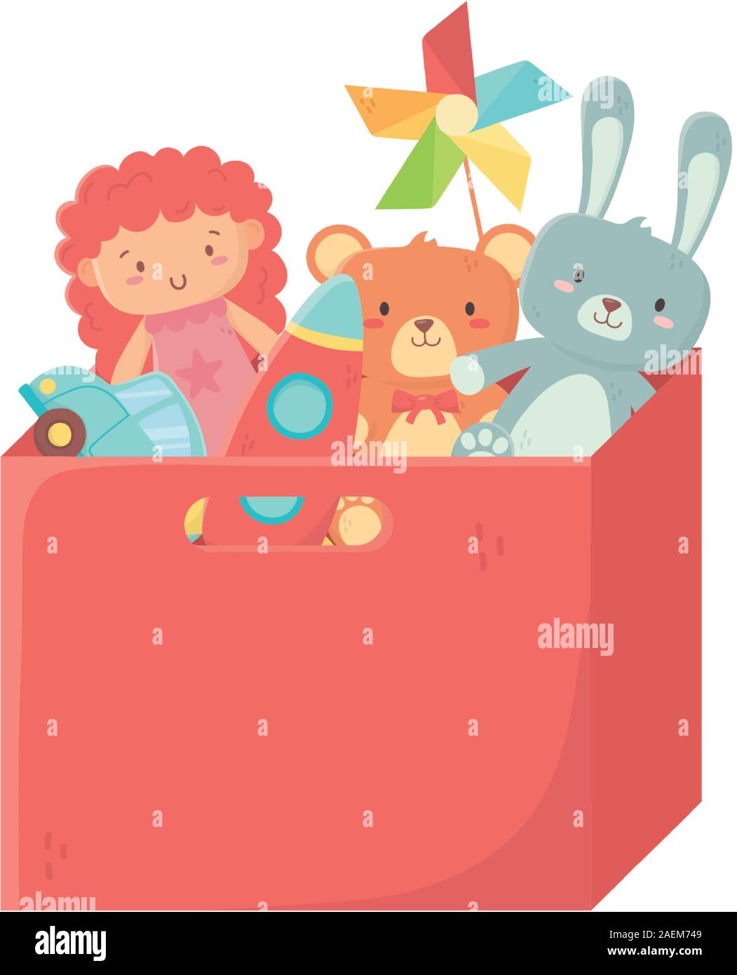 kids toy, filled red box with toys storage on white background vector ...